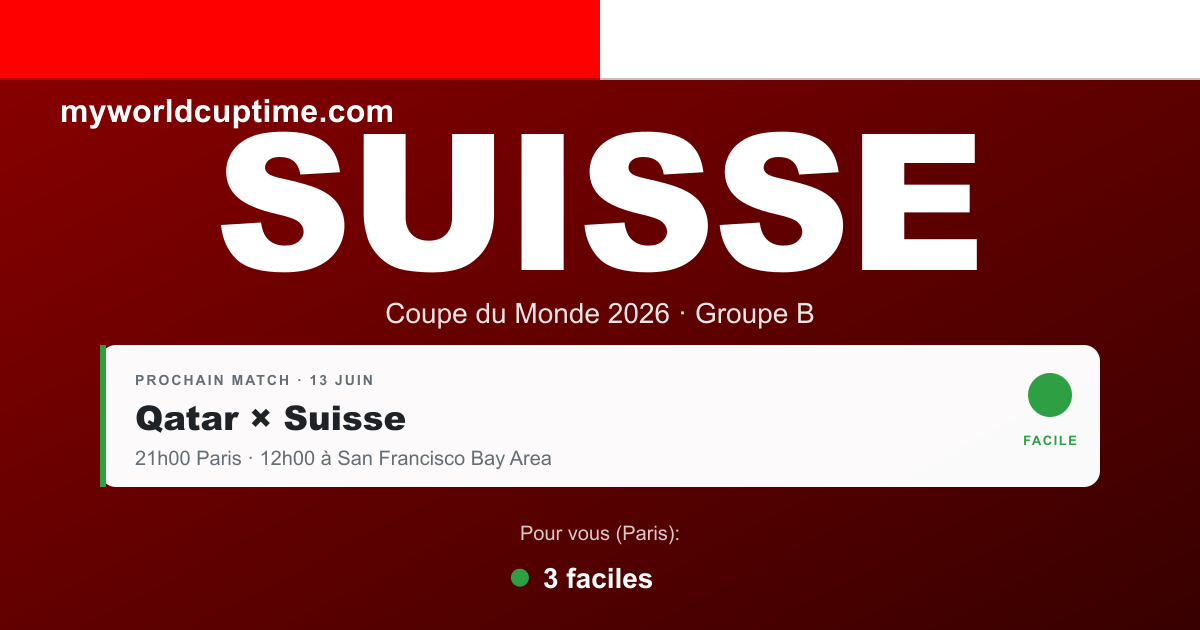 Suisse Coupe du Monde 2026 — Calendrier et horaires